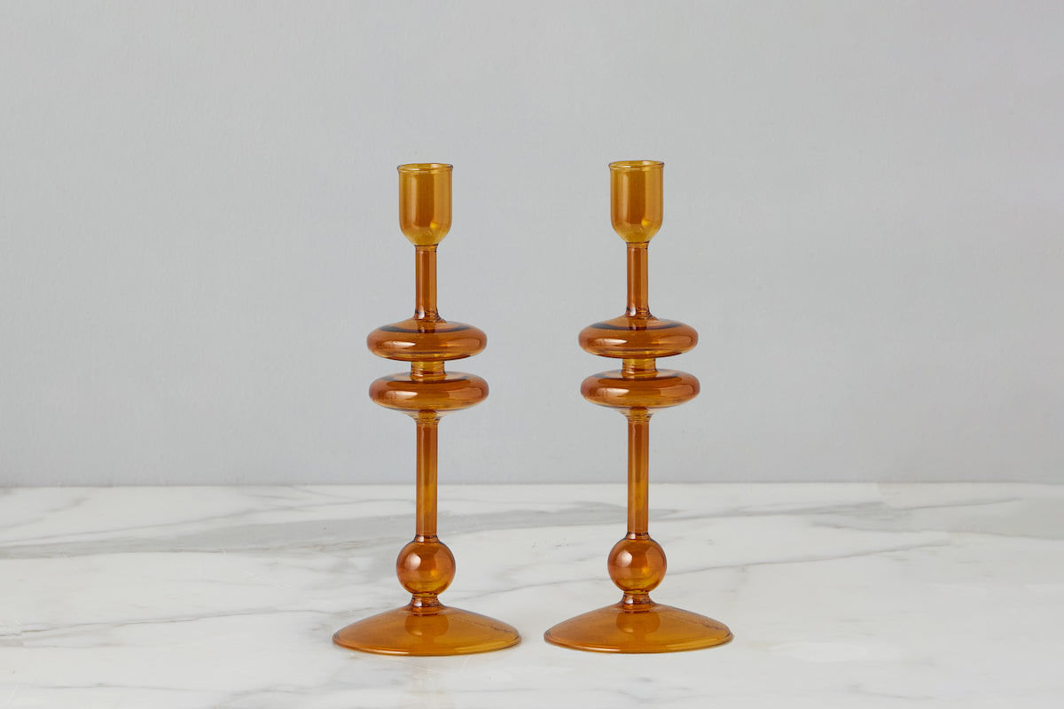 Amber Glass Candlestick Pair, Small