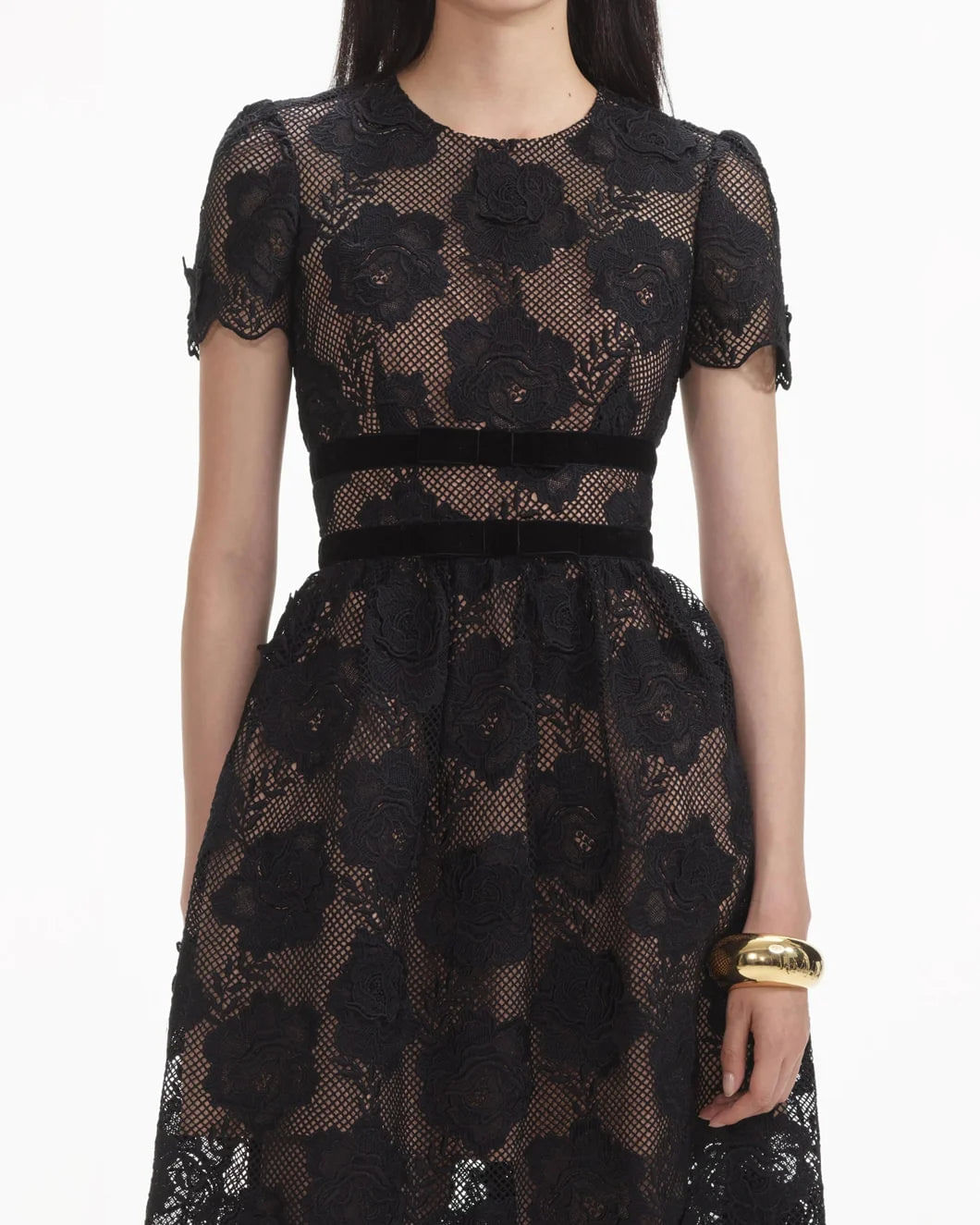 Black Lace Velvet Bow Midi Dress