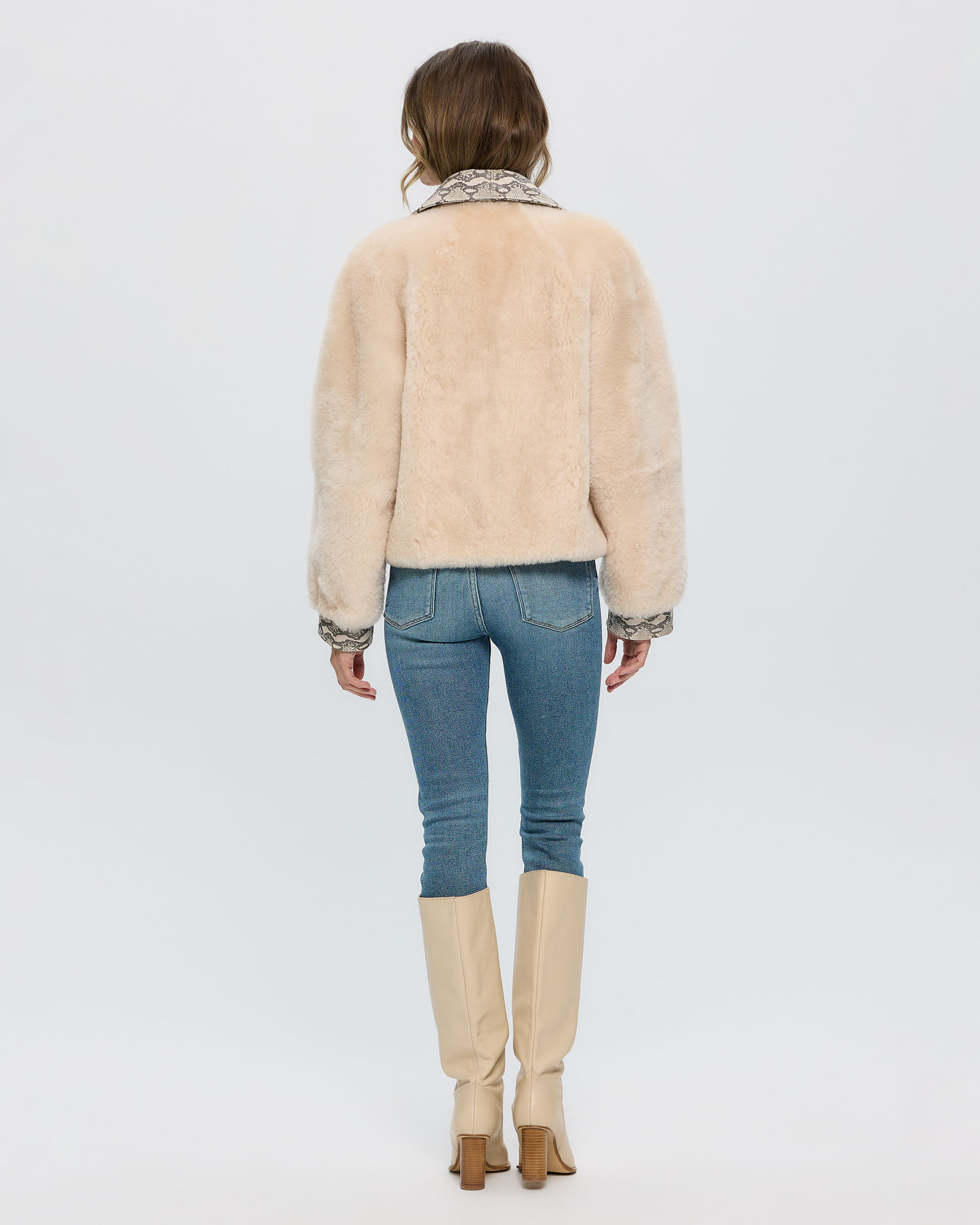 Sheared Cashmere Goat Jacket With Printed Leather Trim