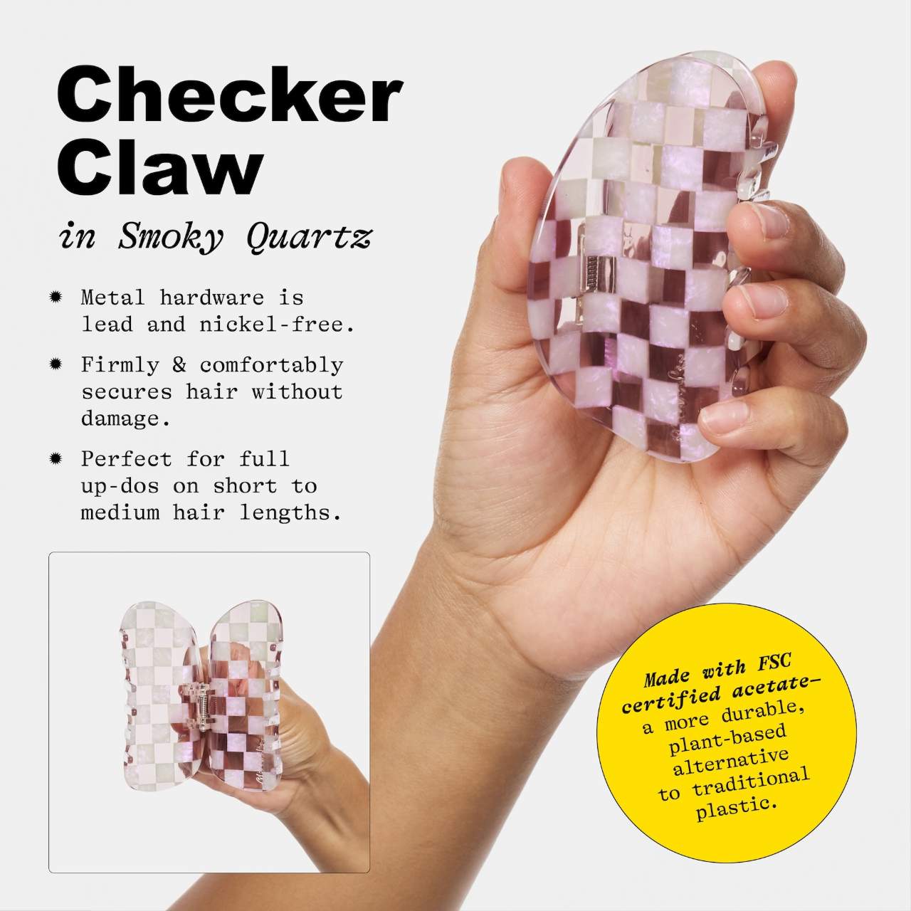 Medium Checker Claw Clip In Smoky Quartz