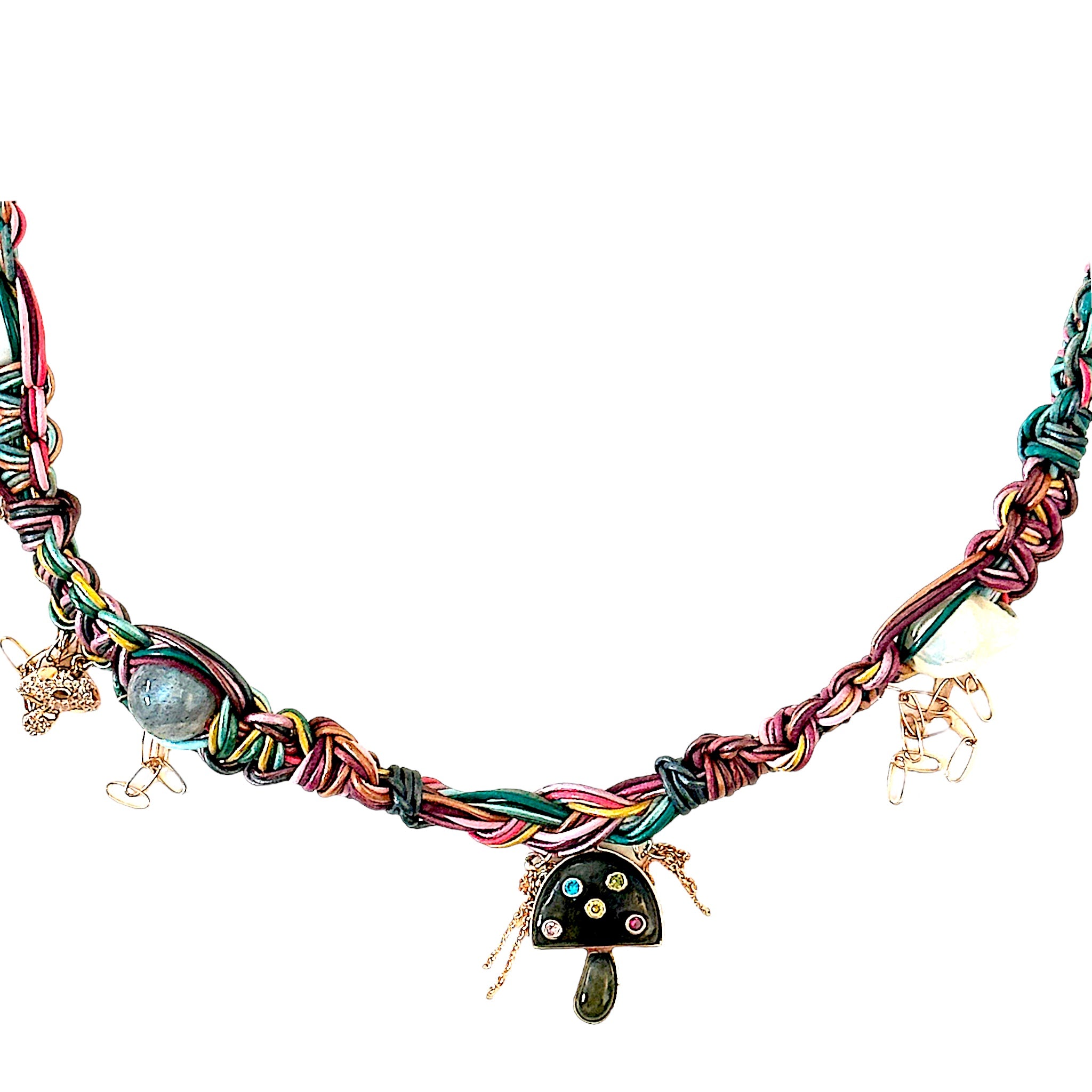 Psychedelic Rainbow Rose Gold Mushroom Leather Rockstar Necklace