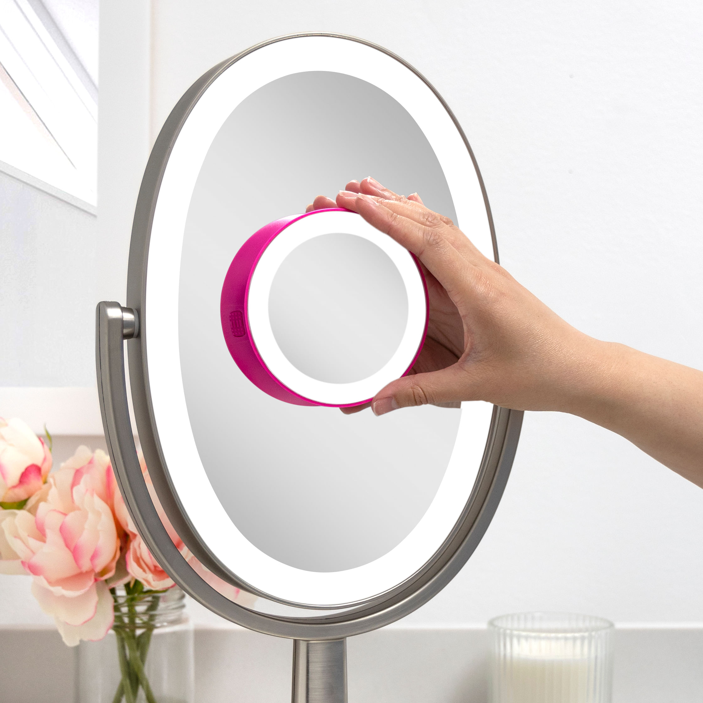 Lighted Compact Mirror with 10X Magnification & Suction Cups