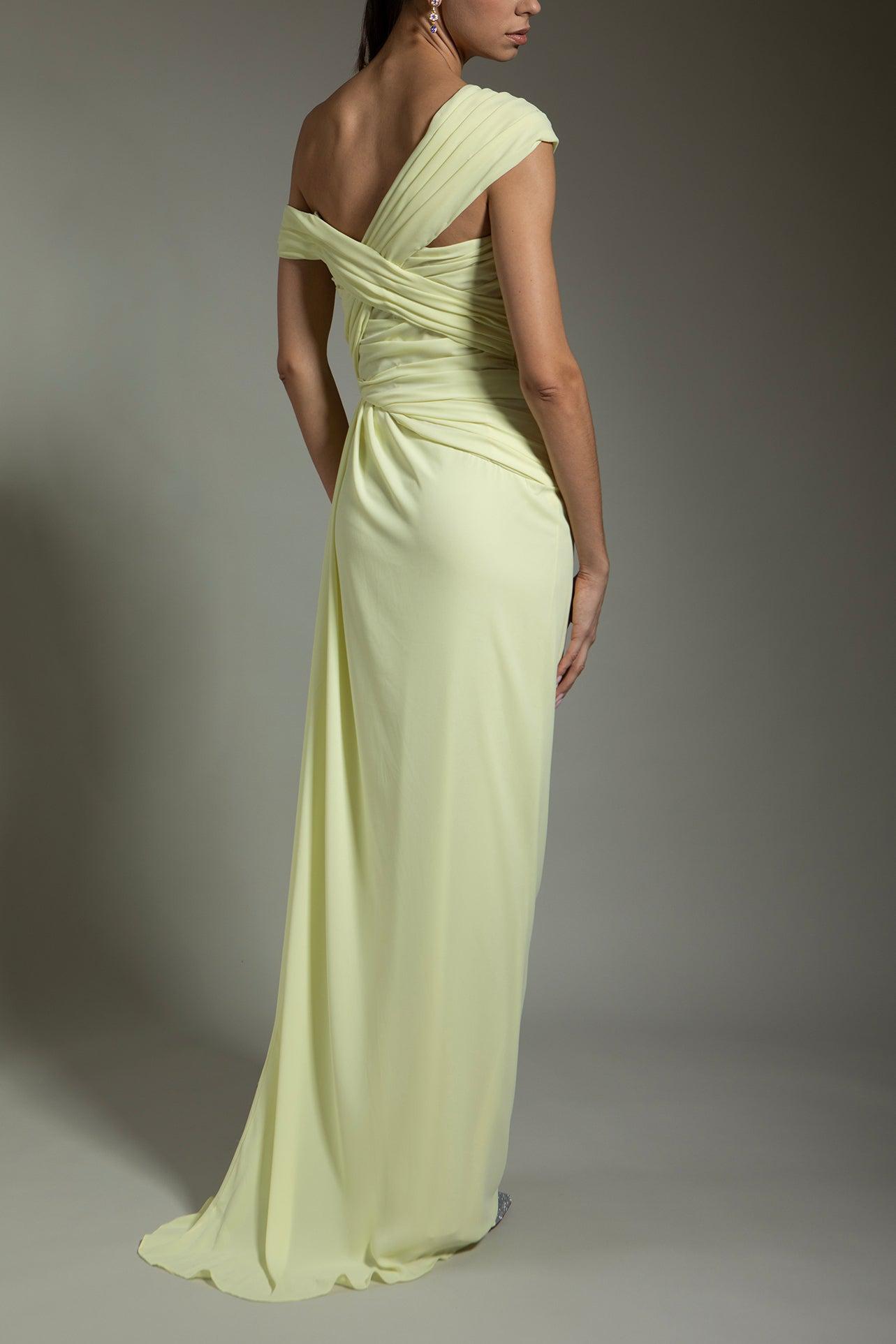 Off The Shoulder Drape Gown - Pale Yellow