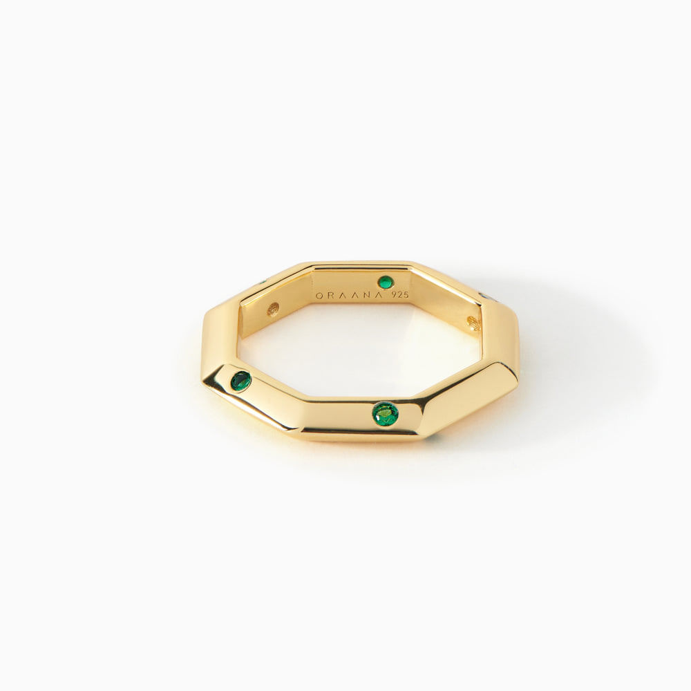The Athena Double-Sided Burnish Ring - Gold/Emerald